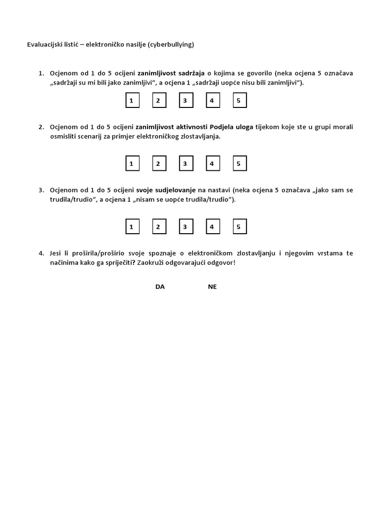 Evaluacijski-Listic Scenarij Elektronicko Nasilje | PDF