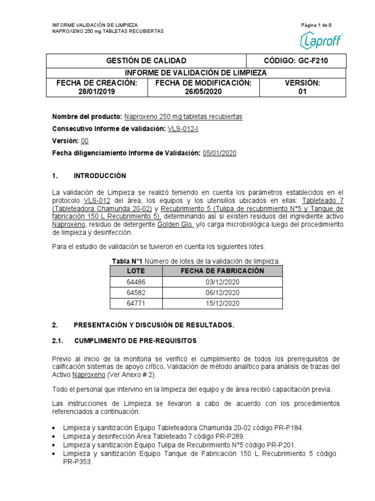 Informe validación de limpieza | PDF