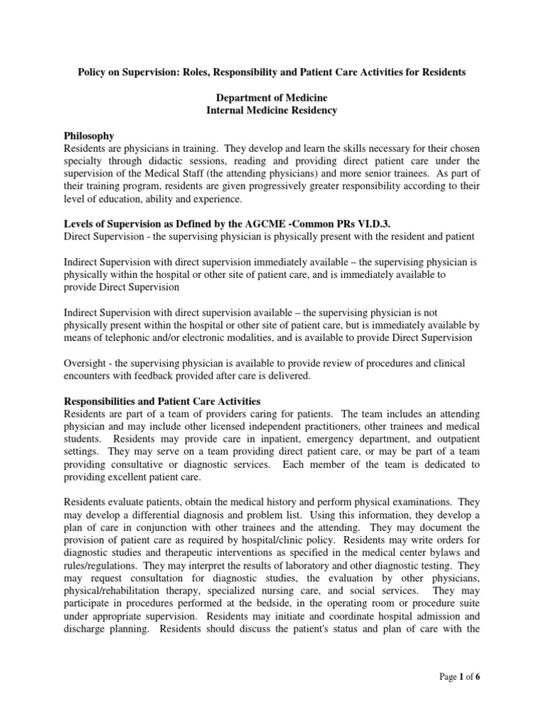 Internal Medicine Supervision Policy | PDF | Patient | Residency (Medicine)