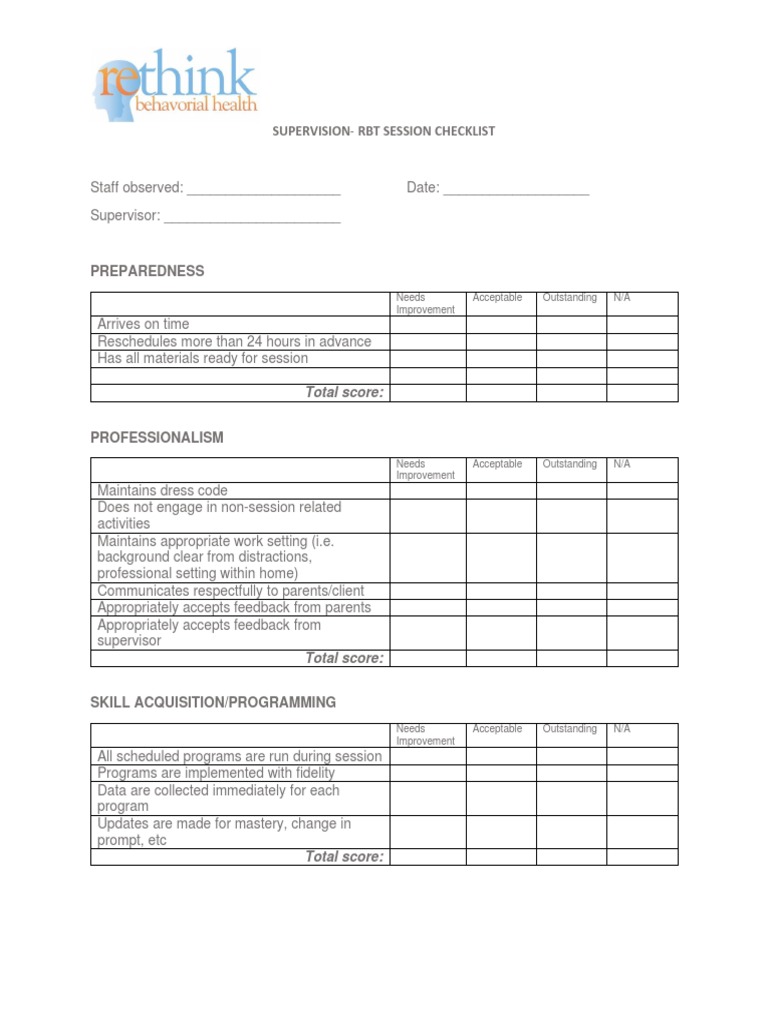 RBT Supervision Checklist | PDF | Reinforcement | Psychology