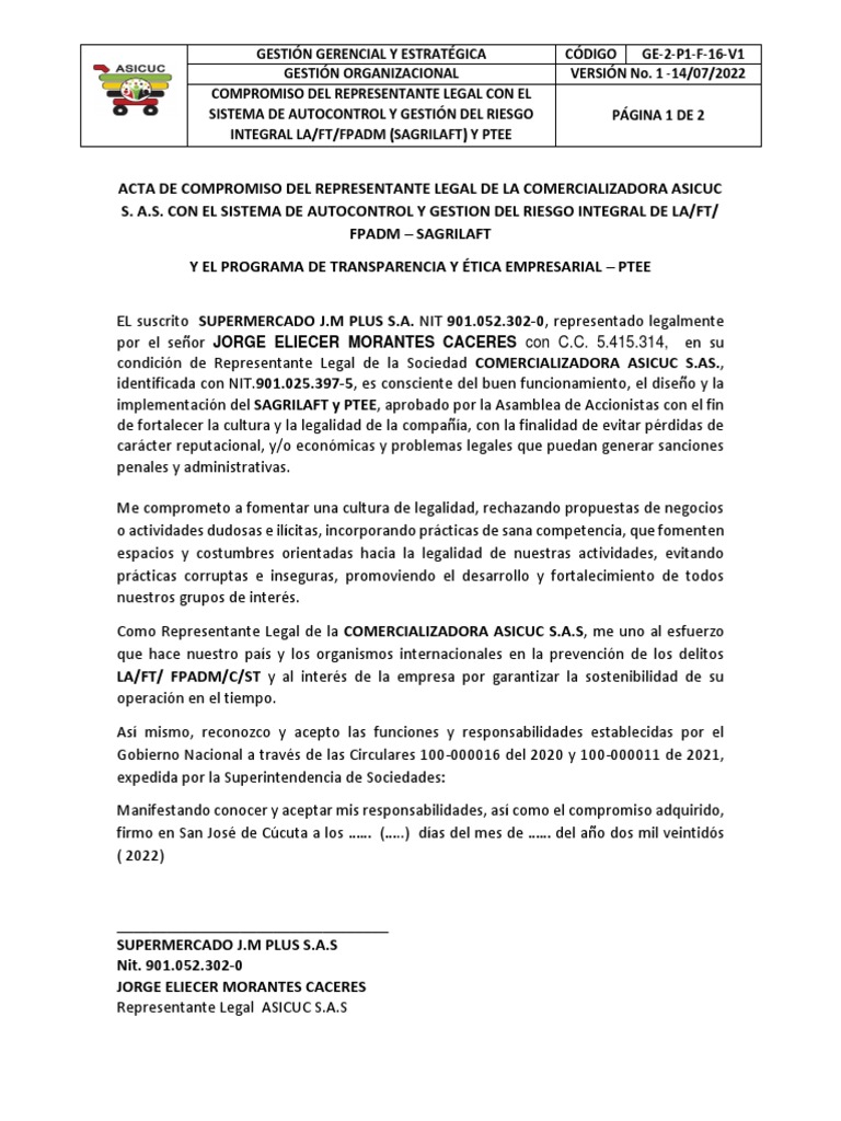 Ge-2-P1-F-16-V1 Acta de Compromiso Del Representante Legal | PDF