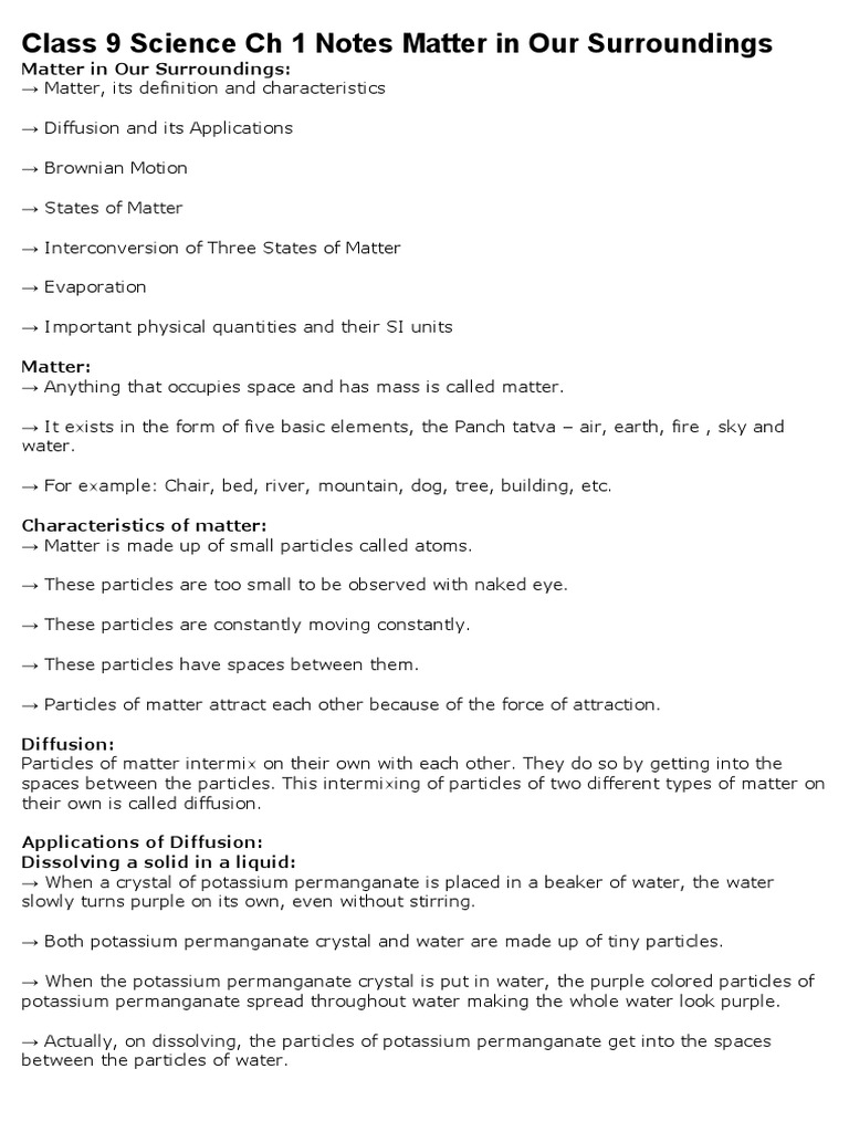 Class 9 Science CH 1 Notes Matter in Our Surroundings | PDF