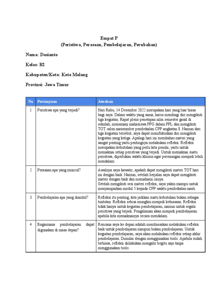 Refleksi Model 4P_Dasianto | PDF