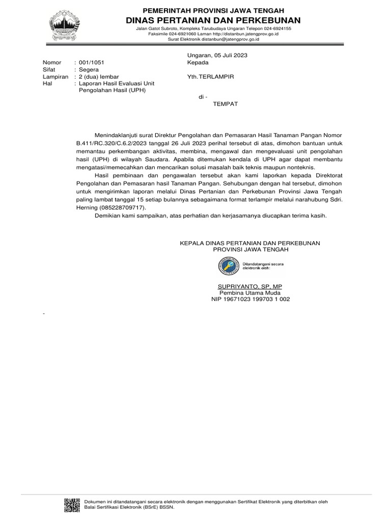 Surat Evaluasi UPH Jateng Tahun 2018-2022 | PDF