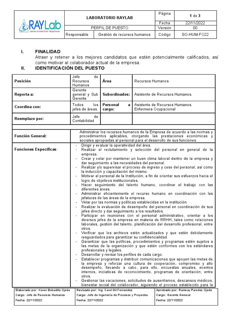 Perfil de Puesto de Jefe Recursos Humanos | Descargar gratis PDF ...