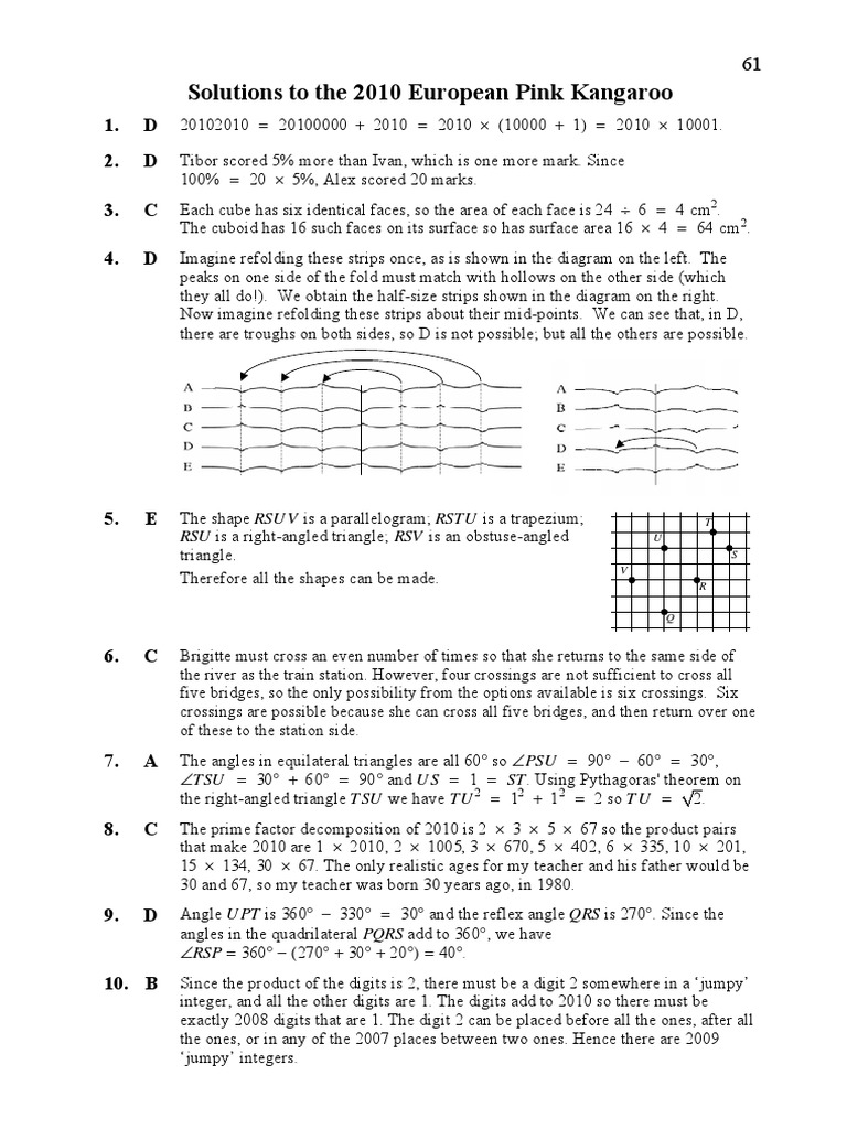 UKMT - Pink Kangaroo - Intermediate Mathematical Challenge 2010 - Solutions | PDF ...
