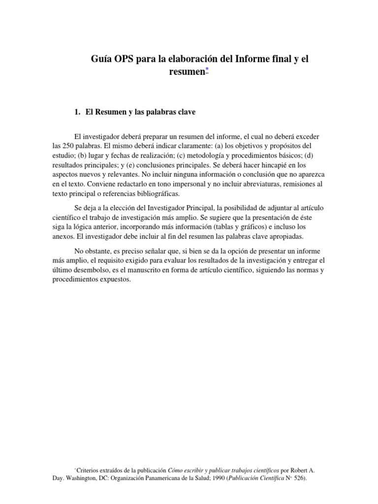 Guía OPS para la elaboración del Informe final y el resumen | PDF | Sumario abstracto) | Science