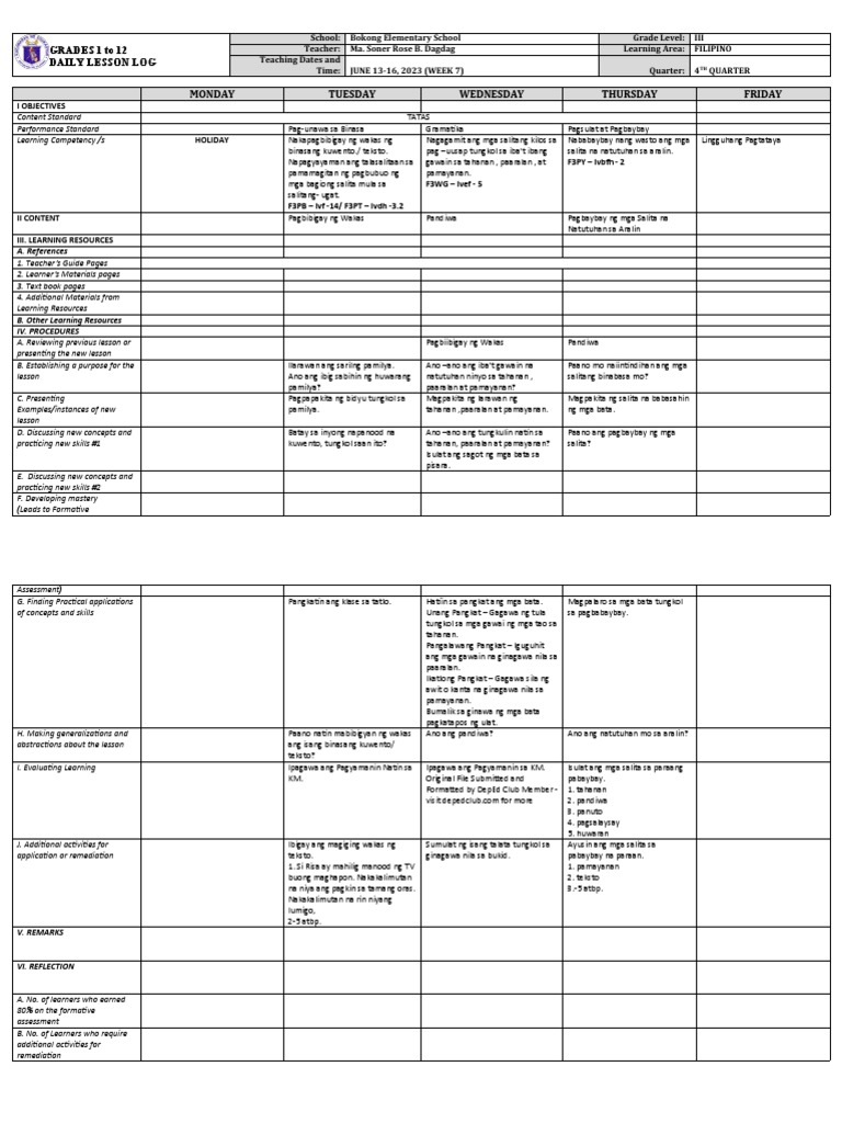 DLL - Filipino 3 - Q4 - W7 | PDF