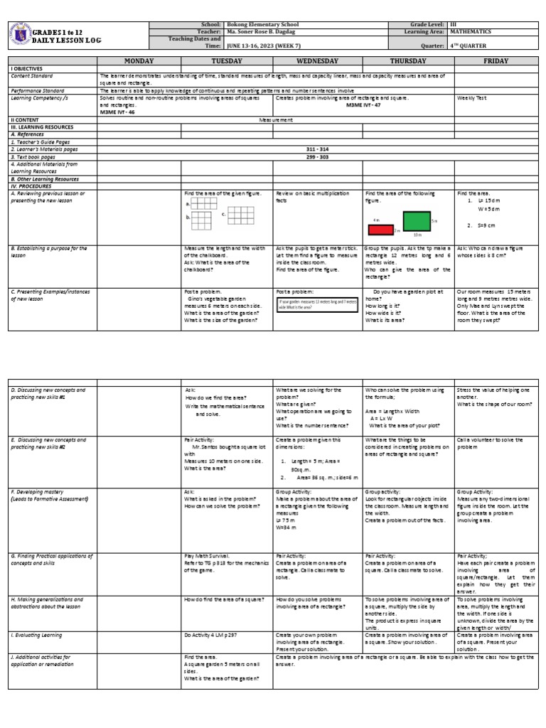 DLL Mathematics 3 q4 w7 | PDF