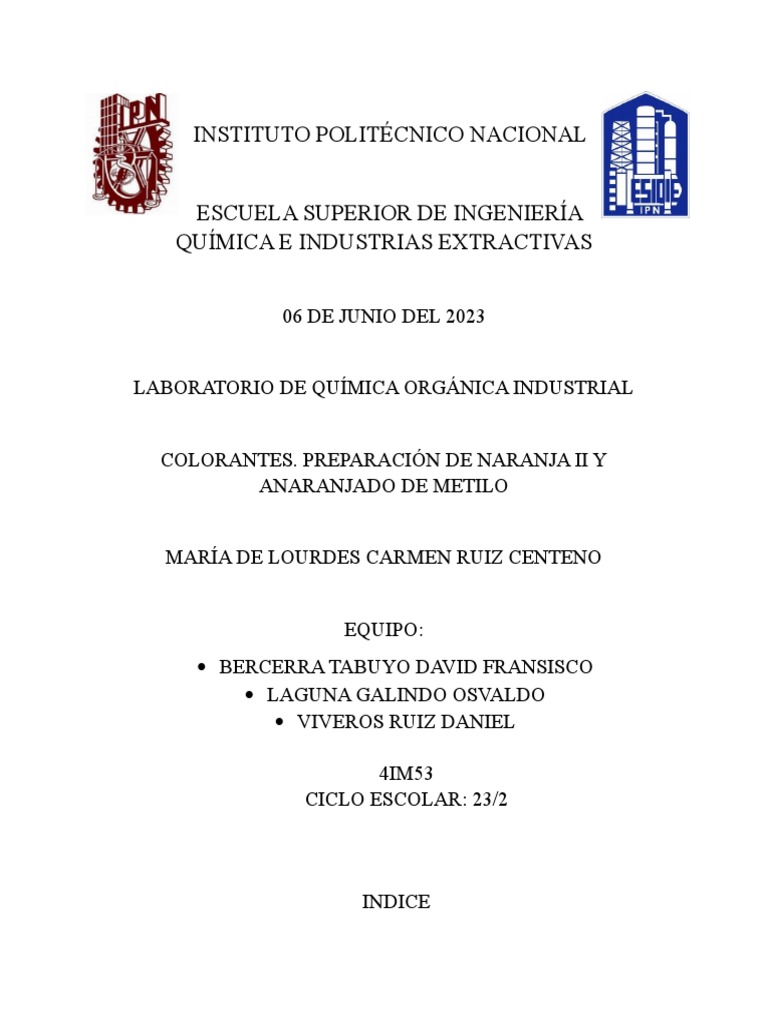 Práctica - NaranjaII Anaranjado de Metilo EQUIPO 10 4IM53 | PDF ...