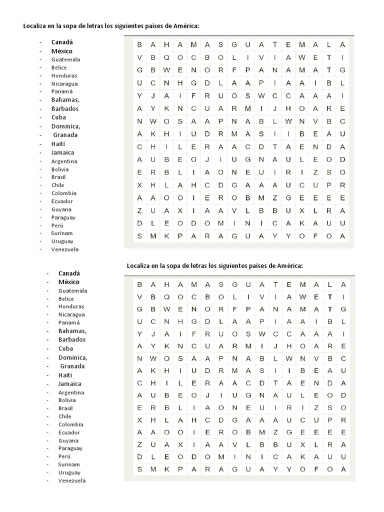 Sopa de Letras Países de América | PDF