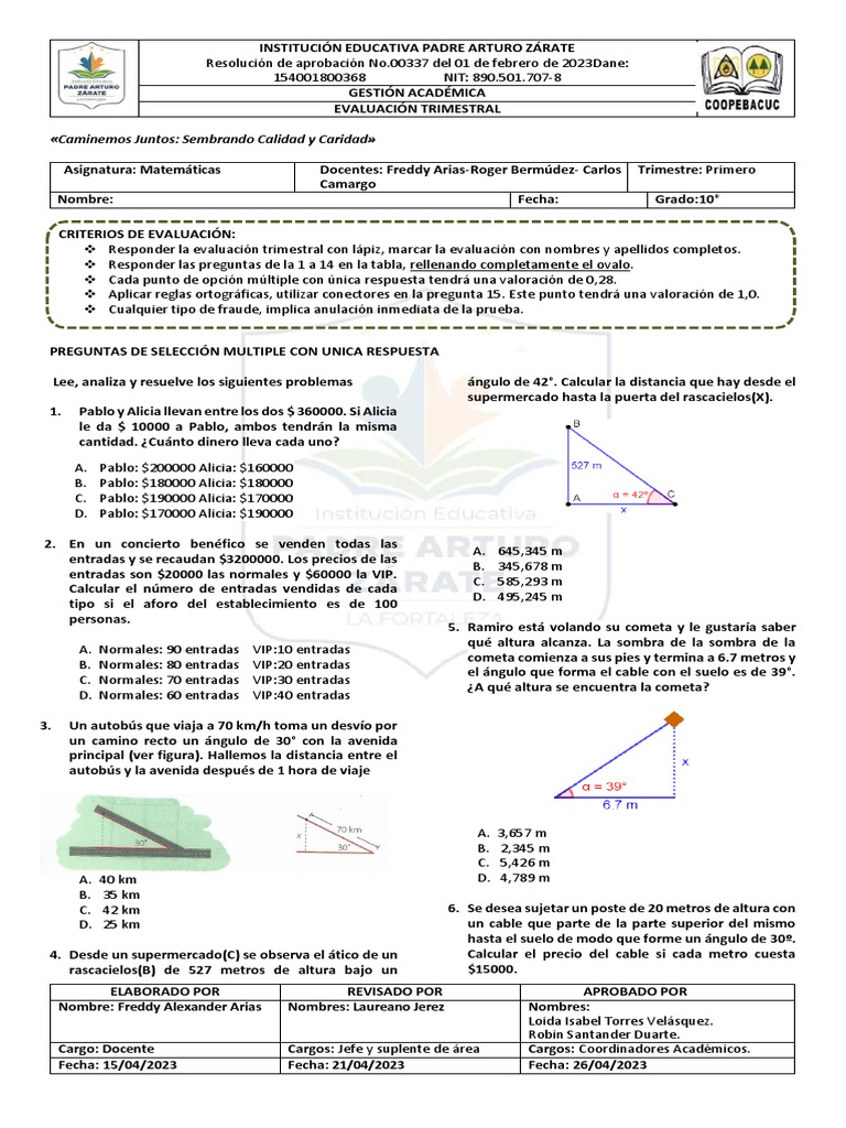 Evaluación Trimestral Matematicas 10° | PDF