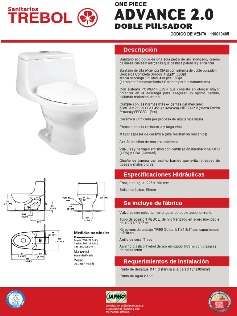 Inodoro Trebol 4.8 Lpf: Especificaciones técnicas | PDF | Materiales