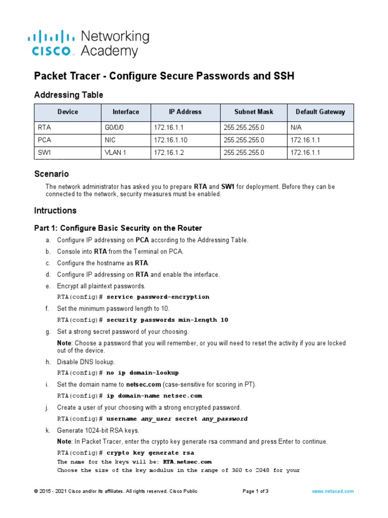 4.4.8 Packet Tracer - Configure Secure Passwords and SSH | PDF | Ip Address | Password