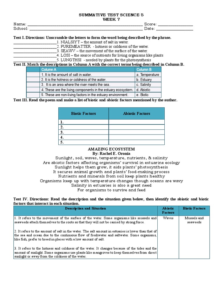 Science 5 - Week 7 - Summative Test | PDF | Ecosystem | Estuary