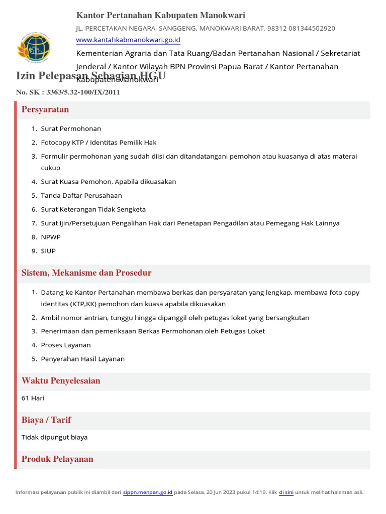 Unduh Standar Pelayanan - Izin Pelepasan Sebagian HGU | PDF