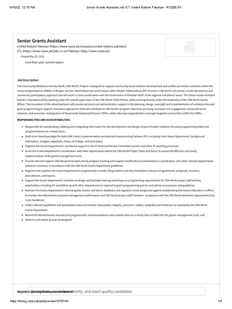 Senior Grants Assistant Job ICT, United Nations Pakistan - ROZEE - PK ...