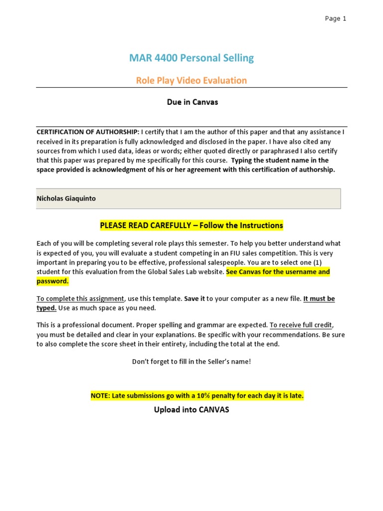 Nicholas Giaquinto - Video Role Play Evaluation Template - On Line ...