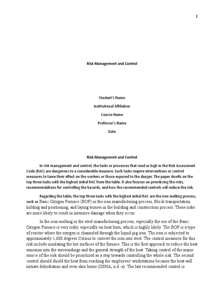 Risk Management and Control - Edited | PDF | Risk | Occupational Safety And Health Administration
