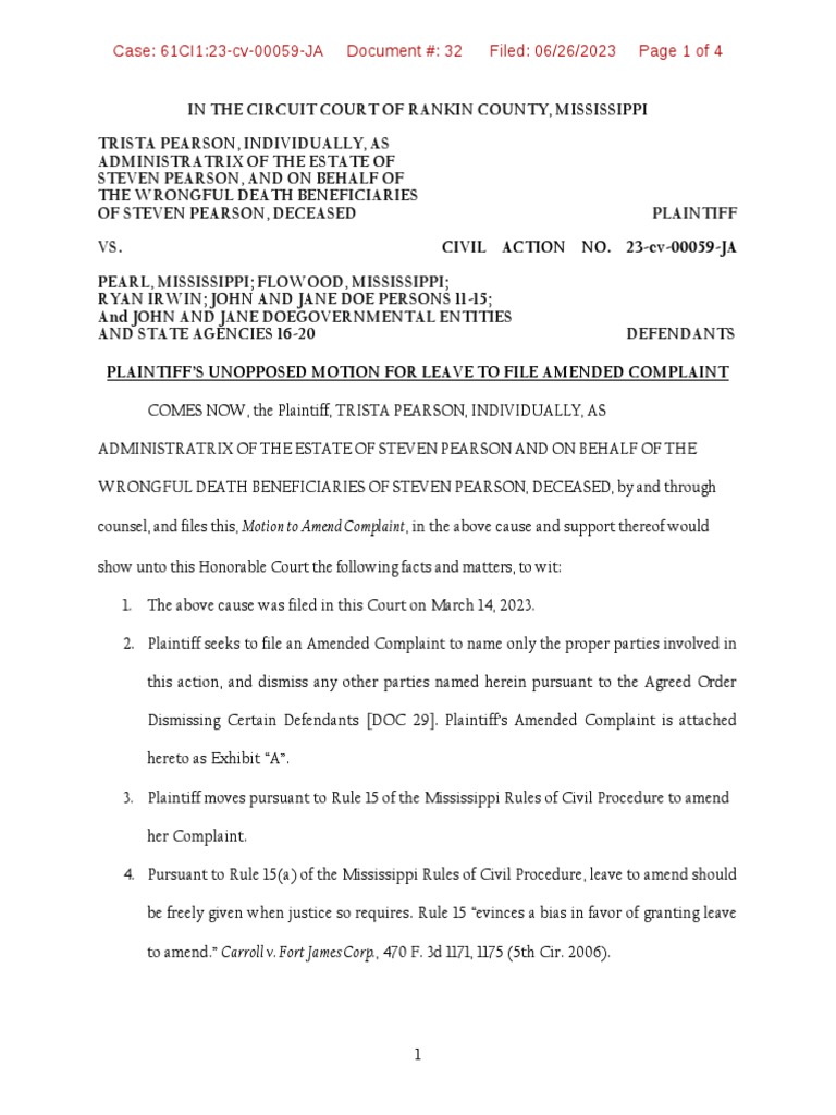 Pearson Case Motion to Amend Complaint | PDF | Complaint | Separation ...