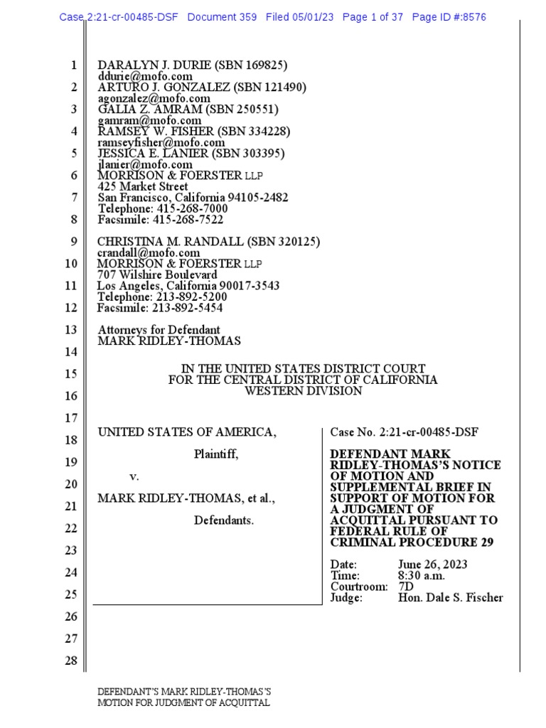 Mark Ridley-Thomas Rule 29 Motion For Acquittal - 1 | PDF | Mail And ...