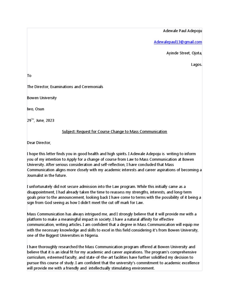 Letter For Change of Course in Bowen University | PDF | Communication ...