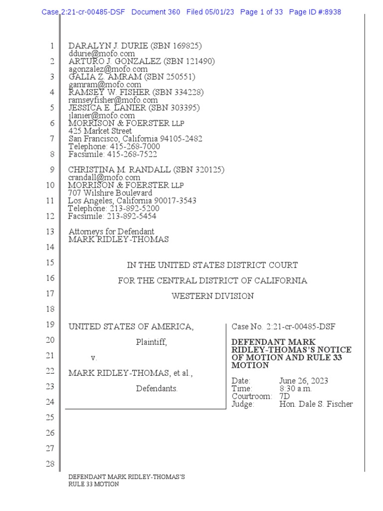 Attorneys For Mark Ridley-Thomas File A Rule 33 Motion Asking For A New ...