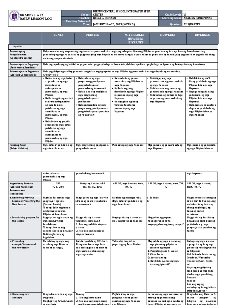 DLL - Araling Panlipunan 6 - Q2 - W9 | PDF