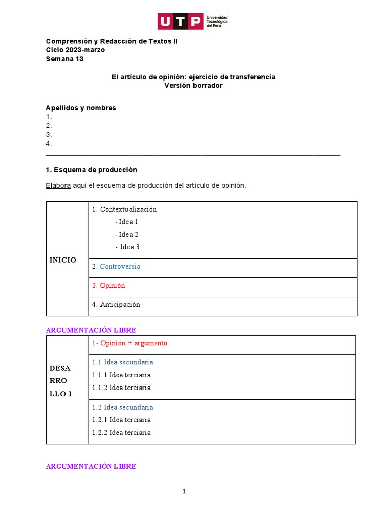 S13Virtual - El artículo de opinión_ejercicio de transferencia_formato borrador | PDF