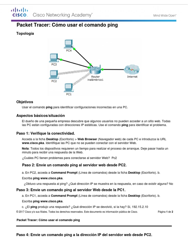 9.2.3.3 Packet Tracer - Using The Ping Command | PDF | Red mundial | Internet y web