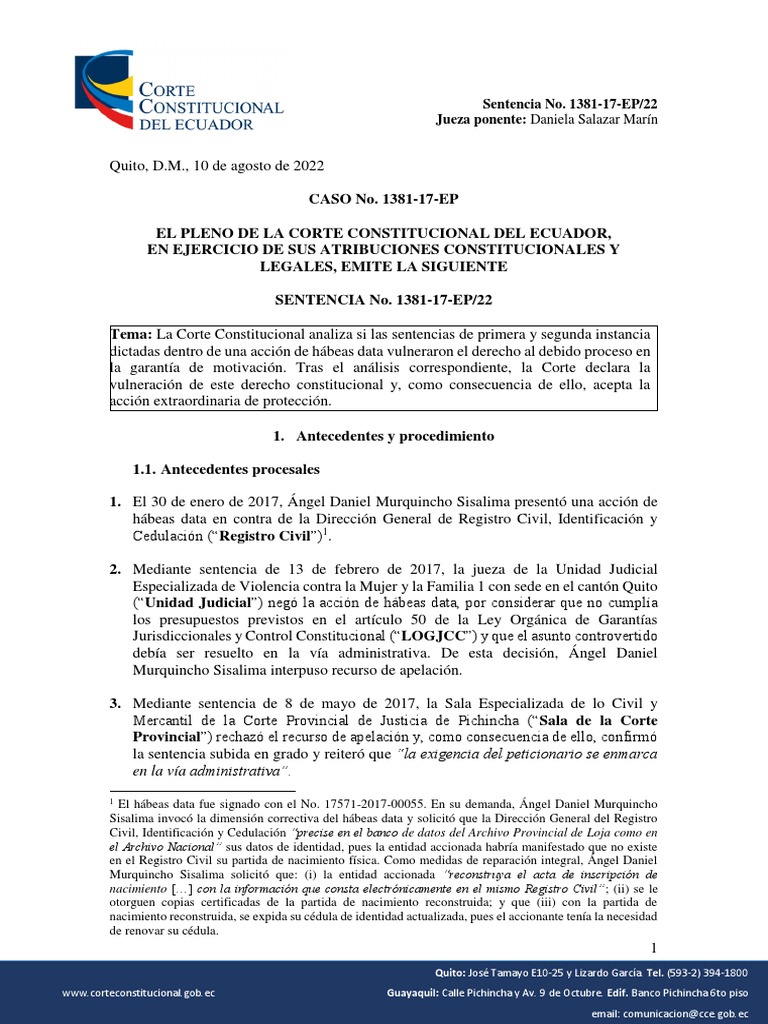 Sentencia 1381-17-Ep-22 (Habeas Data) | PDF