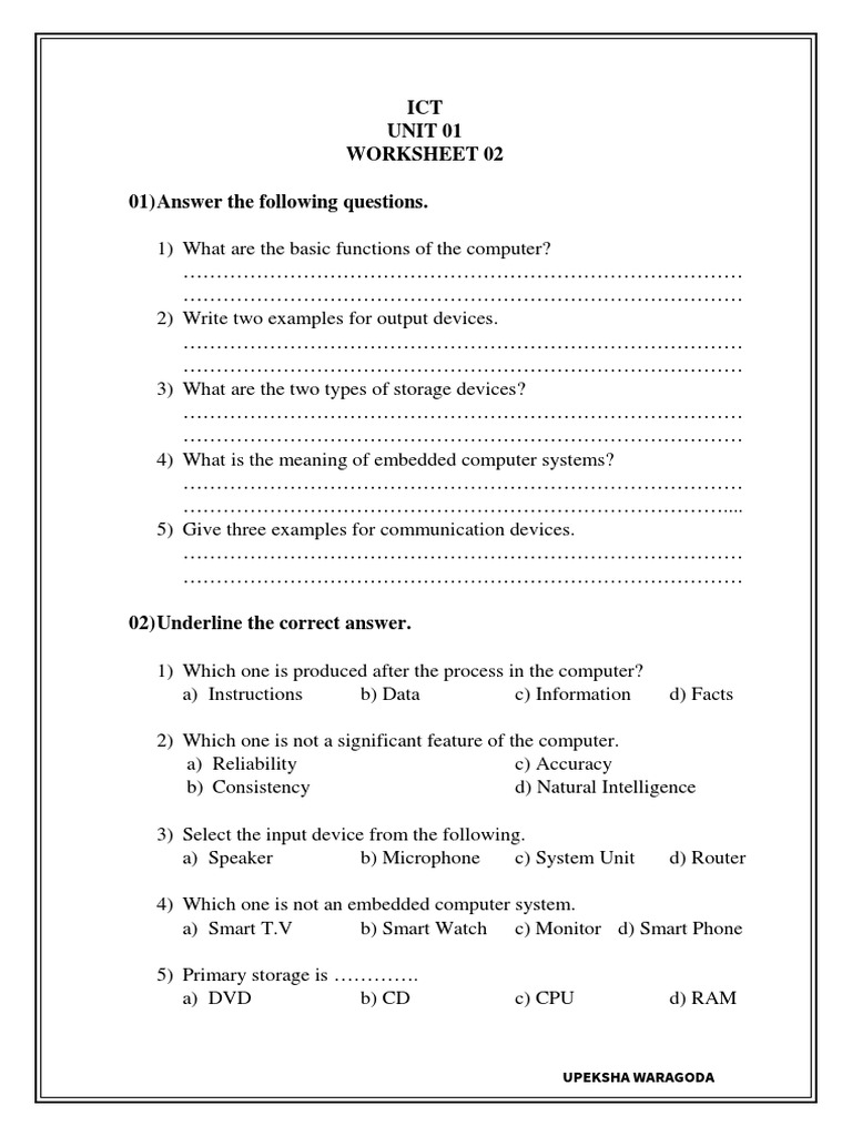 ICT Unit 01 Worksheet 02 01) Answer The Following Questions | PDF