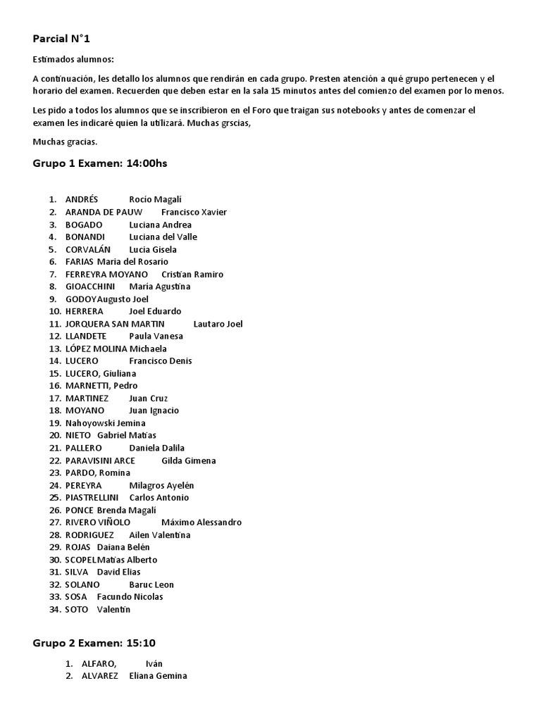 Alumnos para Examen Parcial Grupos | PDF