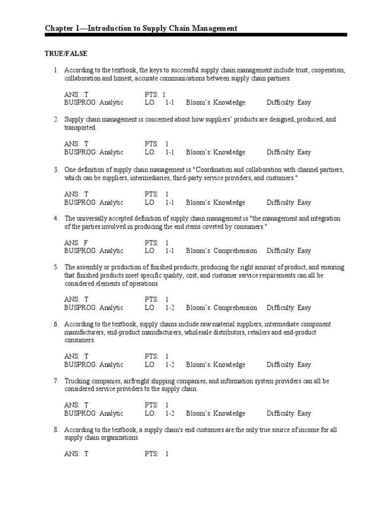 5e Chapter 1 Test Questions | PDF | Supply Chain | Supply Chain Management