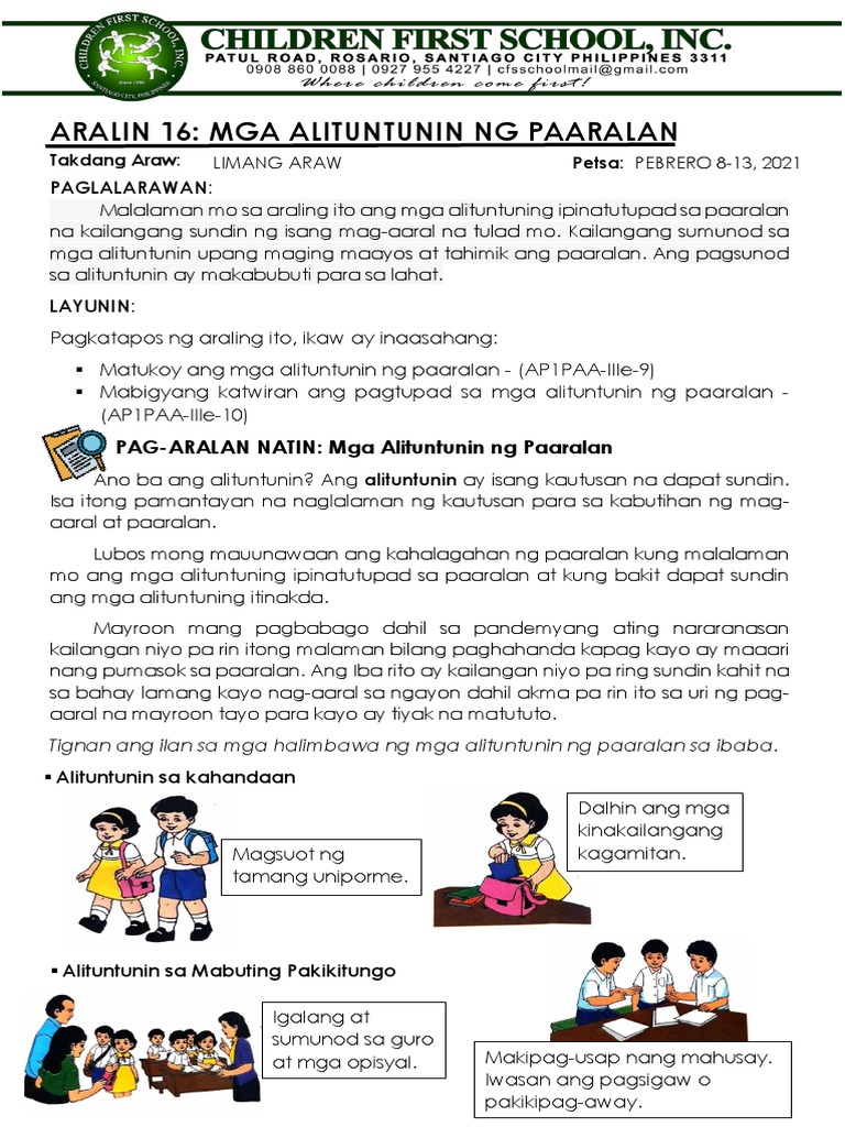 Ap 1 - Week 16 Study Material (MGA ALITUNTUNIN NG PAARALAN) - fb73d | PDF