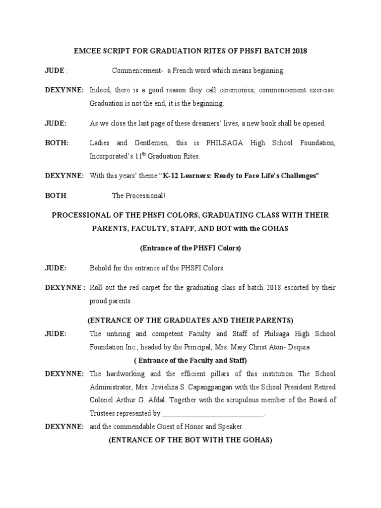 Emcee Script For Graduation Rites of Phsfi Batch 2018 | PDF