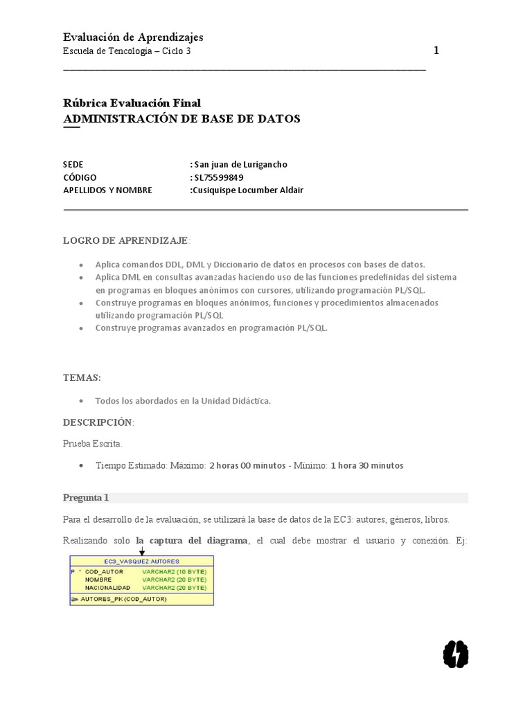Evaluación Final en Administración de Bases de Datos | PDF | SQL | Pl / Sql