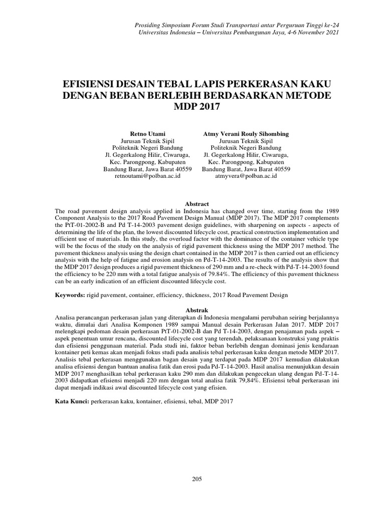 Efisiensi Desain Tebal Lapis Perkerasan Kaku Dengan Beban Berlebih Berdasarkan Metode MDP 2017 | PDF