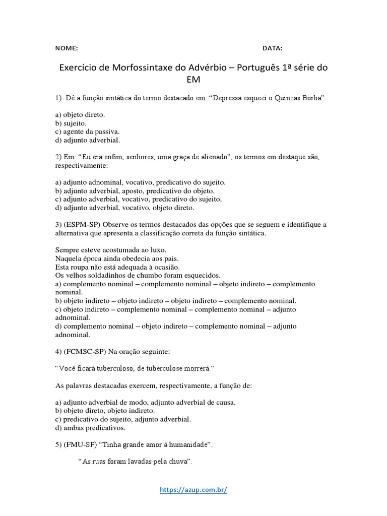 Exercício-de-Morfossintaxe-do-Advérbio-–-Português-1ª-série-do-EM | PDF