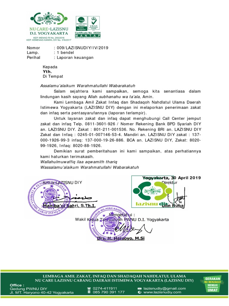 Surat Edaran Bulan Mei 2019 Lazisnu DIY | PDF