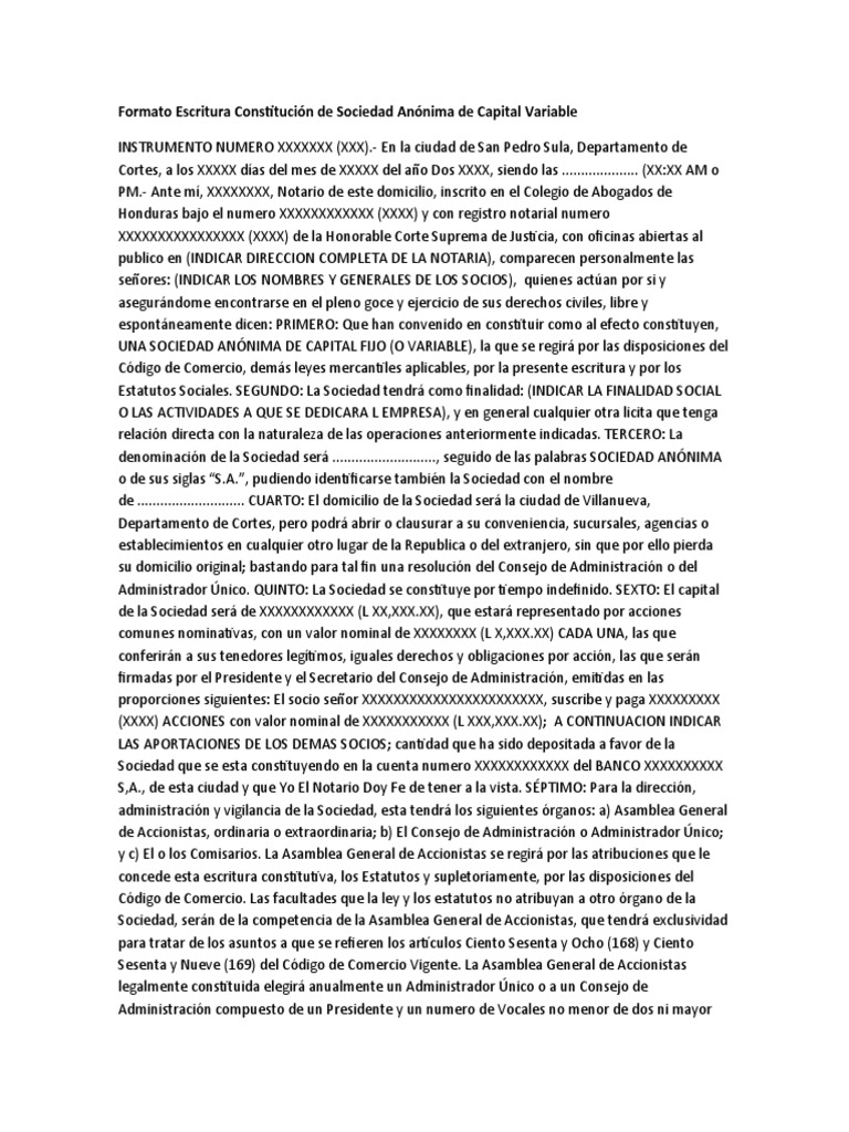 Formato Escritura Constitucion de Sociedad Anonima de Capital Variable | PDF