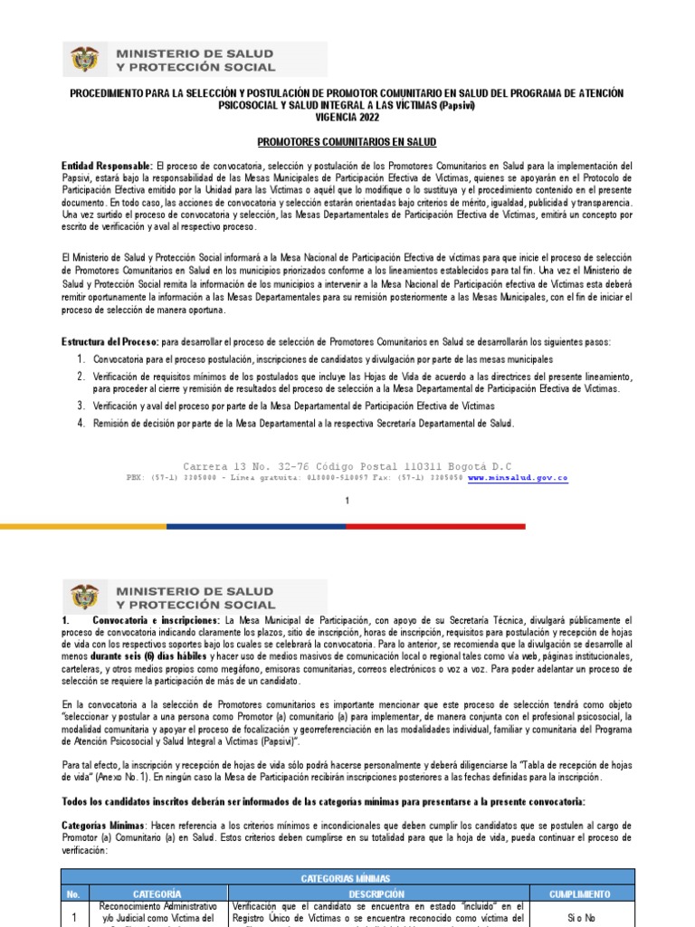 Lineamientos Seleccion Promotor comunitario en salud Papsivi. | PDF