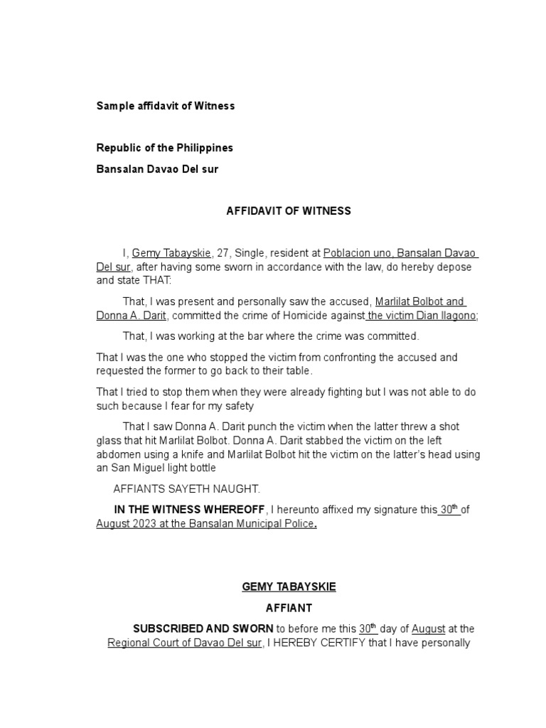 Mainar Sample-Of-Affidavit-Of-Witness | PDF