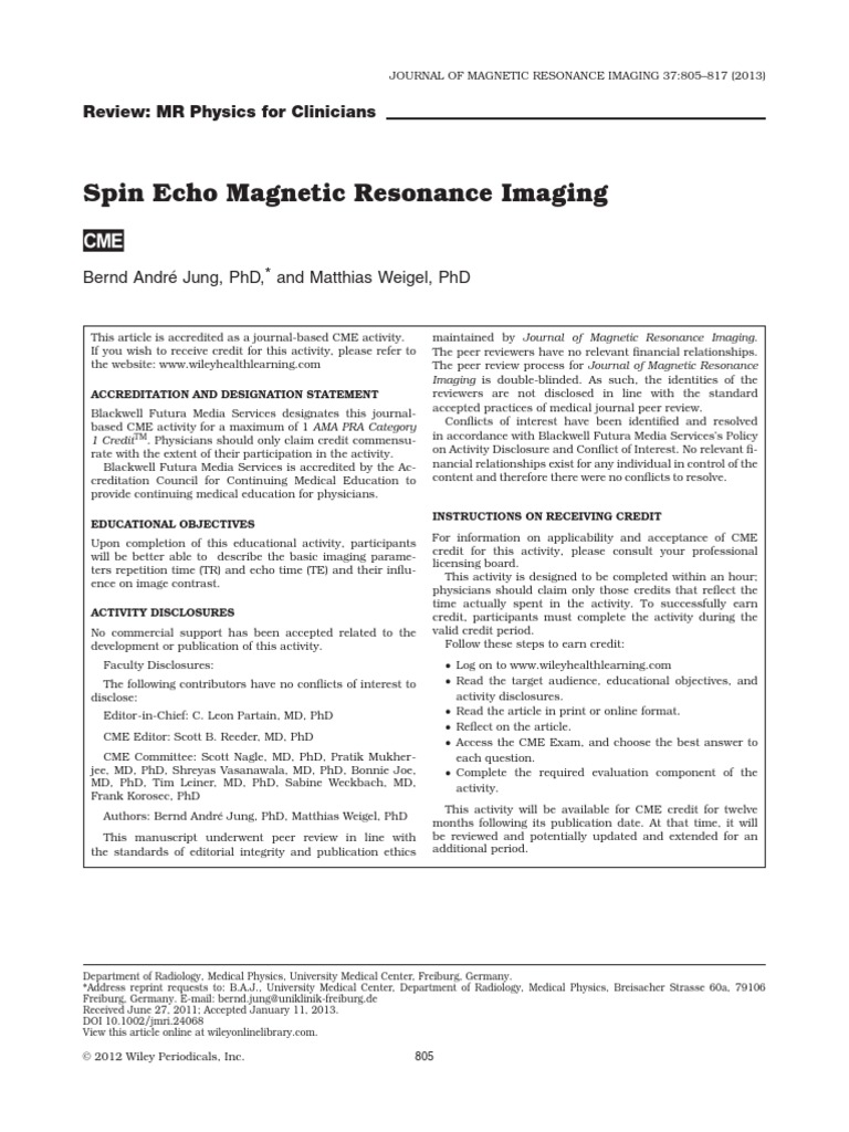 Magnetic Resonance Imaging - 2013 - Jung - Spin Echo Magnetic Resonance ...