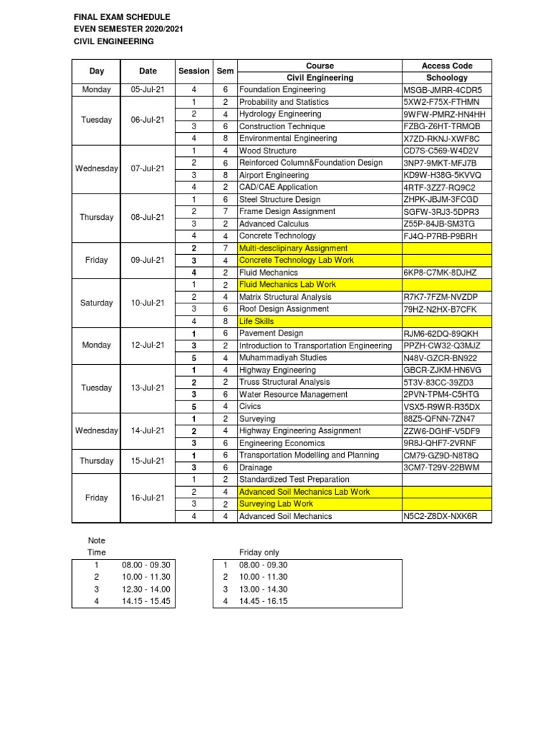 Final Exam Shedule | Download Free PDF | Engineering | Civil Engineering