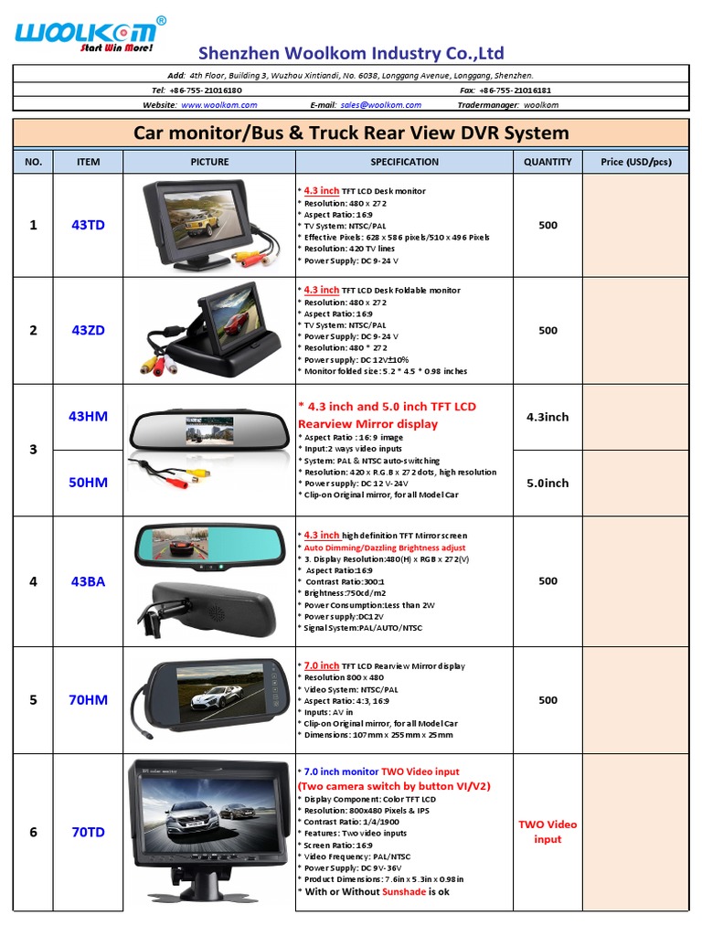 Car TFT LCD Monitor Specifications | PDF | Display Resolution ...