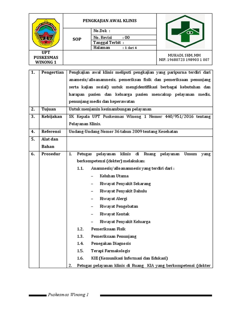 Sop Pengkajian Awal Klinis | PDF | Pengembangan Diri | Kesehatan Holistik