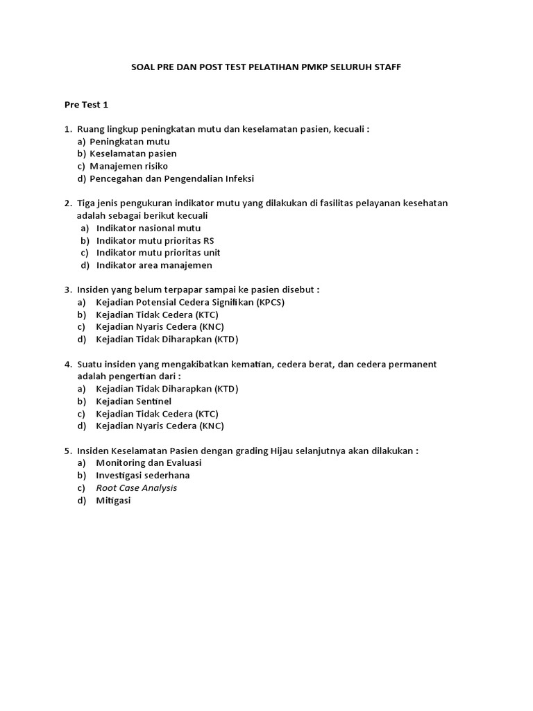 Soal Pre Dan Post Test Pelatihan PMKP Seluruh Staff | PDF