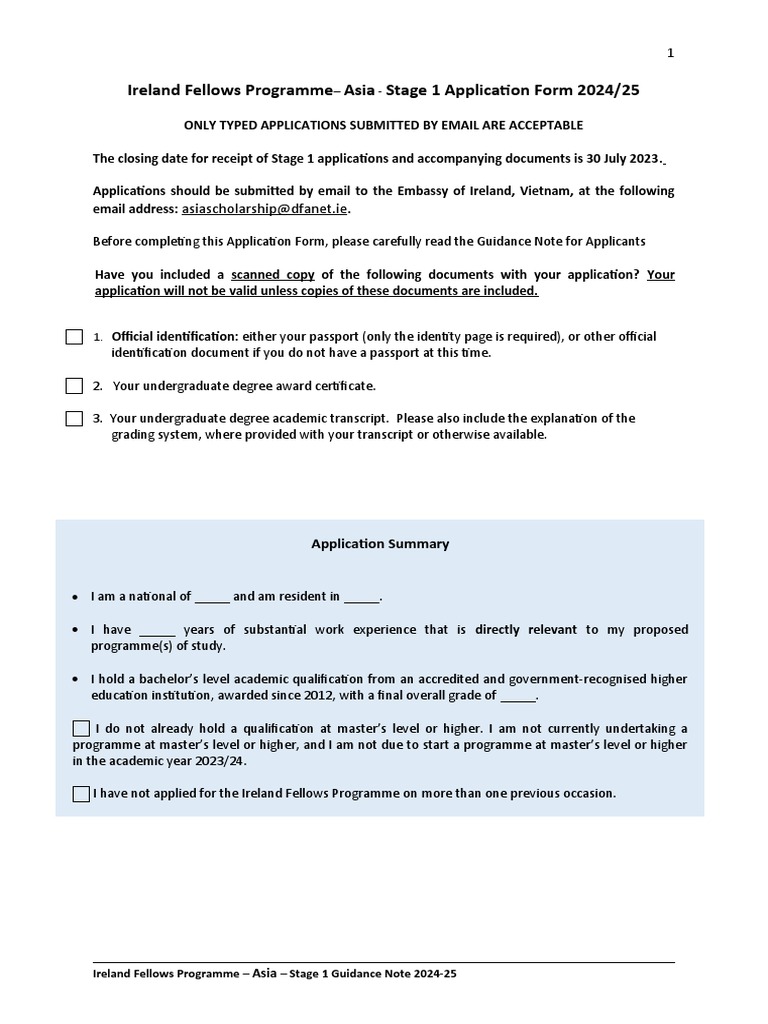 Ireland Fellows Programme Asia 2024-25 Stage 1 Application Form | PDF