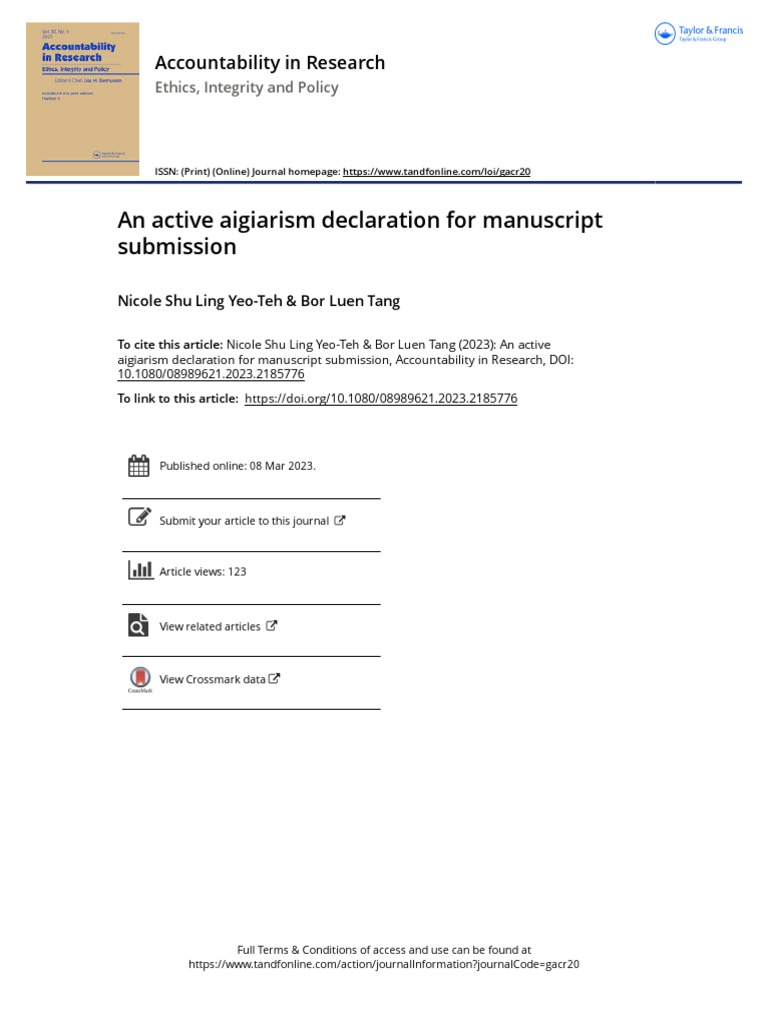 An Active Aigiarism Declaration For Manuscript Submission: Accountability in Research | PDF ...
